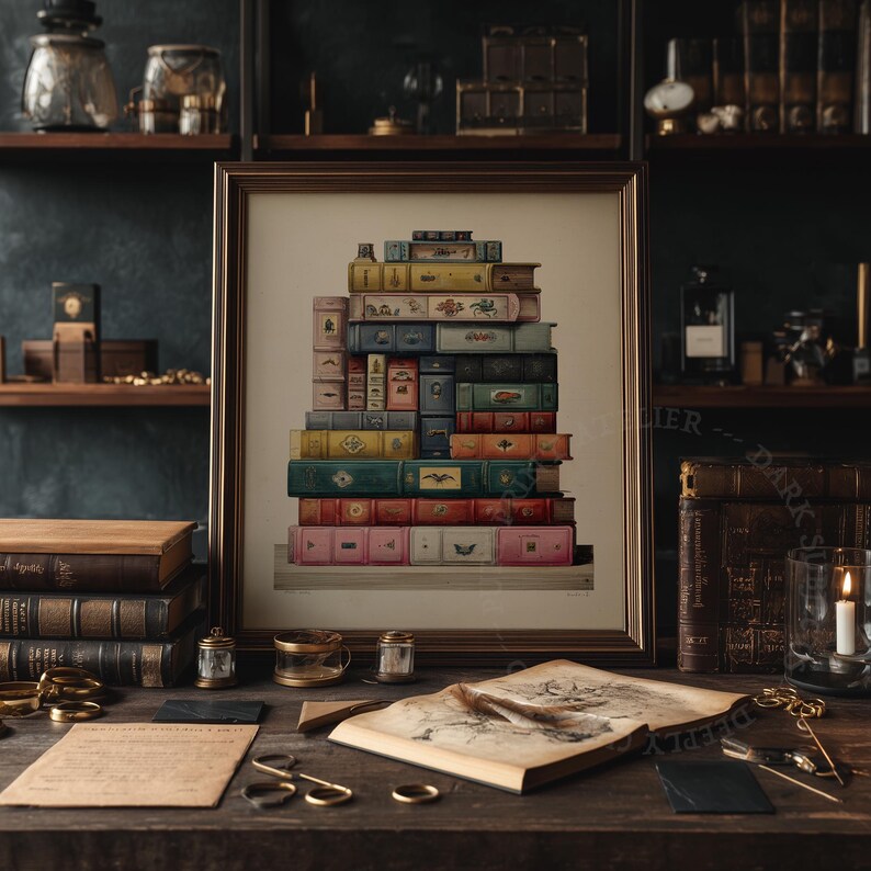 Vintage Book Tower, Dark Academia Wall Art, Printable Literary Decor ...