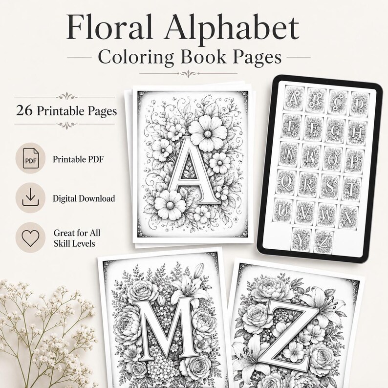 Floral Alphabet Coloring Pages: A to Z Botanical Coloring Pages ...