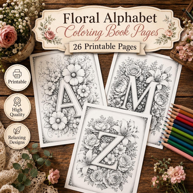 Floral Alphabet Coloring Pages: A to Z Botanical Coloring Pages ...