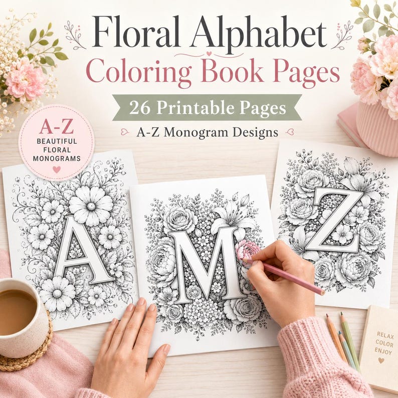 Floral Alphabet Coloring Pages: A to Z Botanical Coloring Pages ...