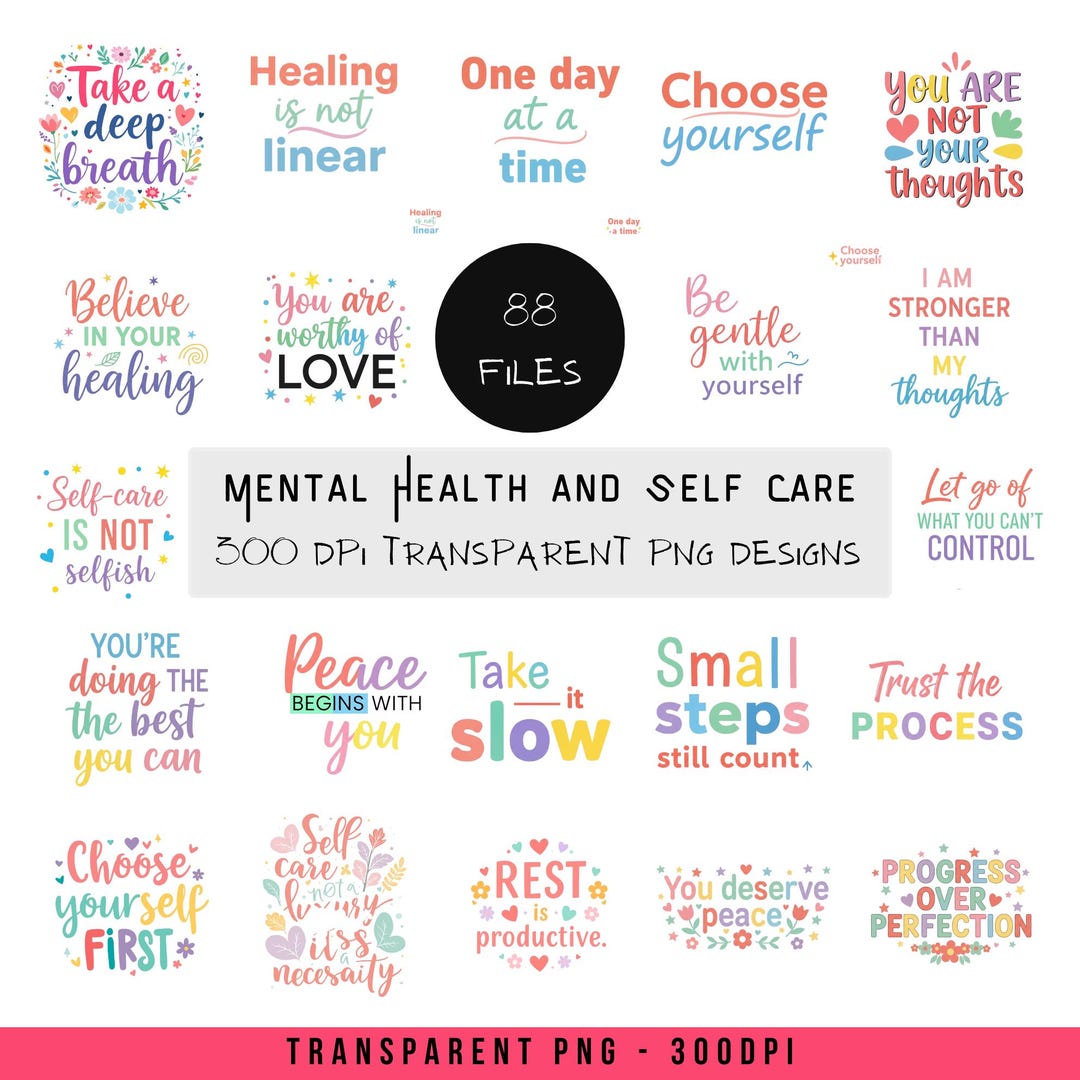 Mental Health & Self-care PNG Bundle | Digital Clipart for Wellness and ...
