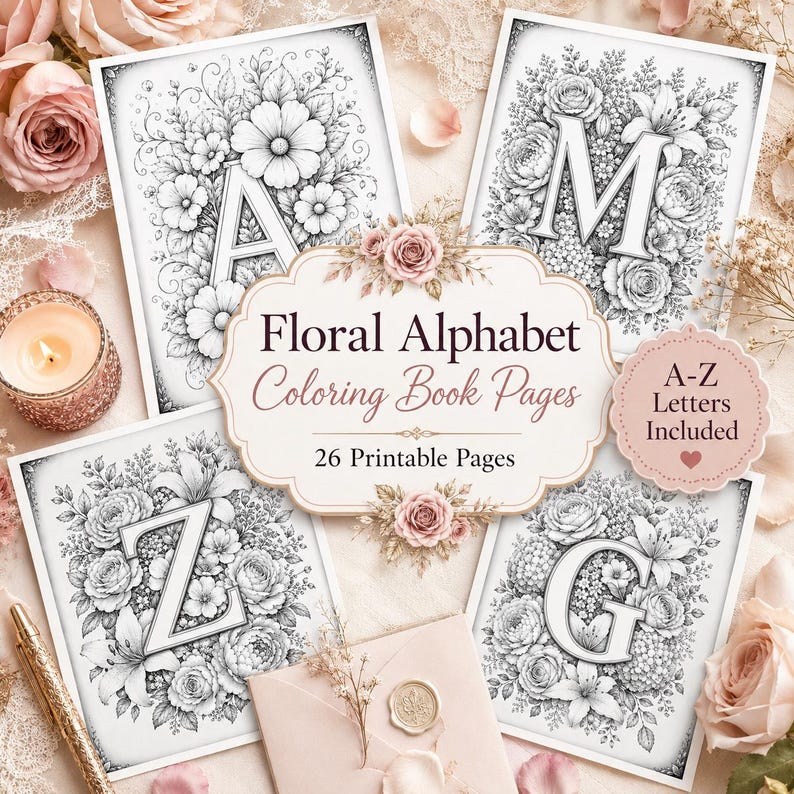 Floral Alphabet Coloring Pages: A to Z Botanical Coloring Pages ...