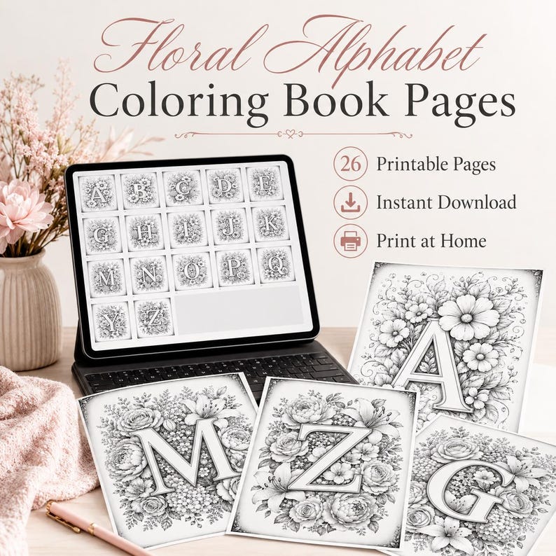 Floral Alphabet Coloring Pages: A to Z Botanical Coloring Pages ...