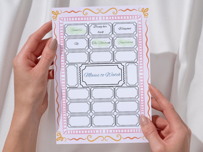 Movies to Watch - PINK PRINTABLE Journal Page- Movie Wishlist - Etsy