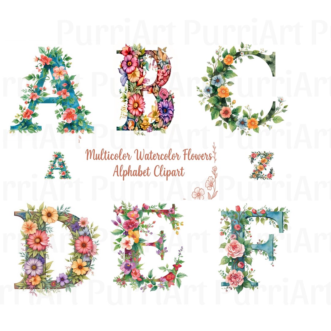 Watercolor Floral Alphabet Clipart | Flower Letters PNG JPG | Botanical ...
