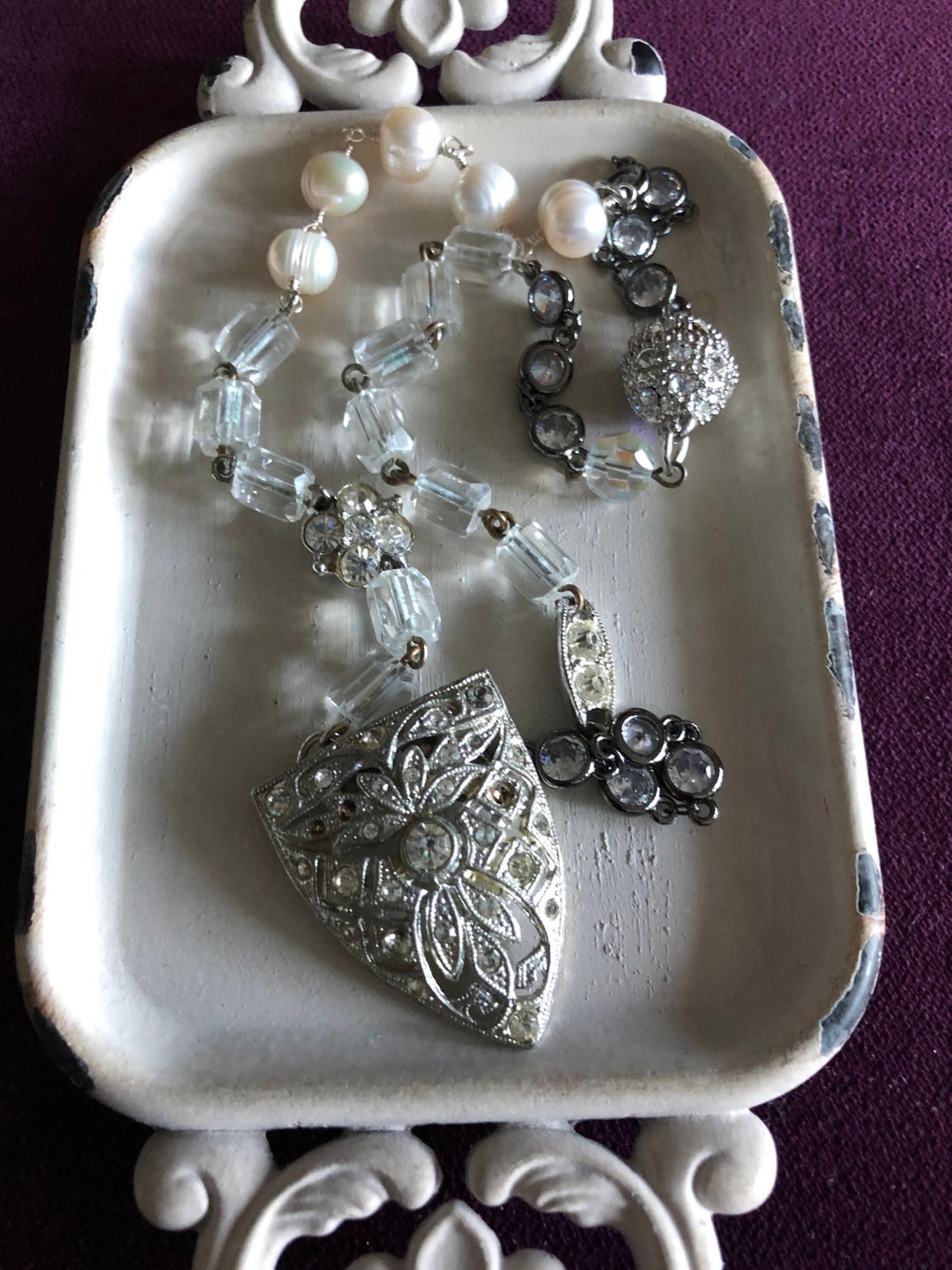 Art Deco Upcycled Silver Rhinestone Dress Clip Necklace, Vintage Art ...