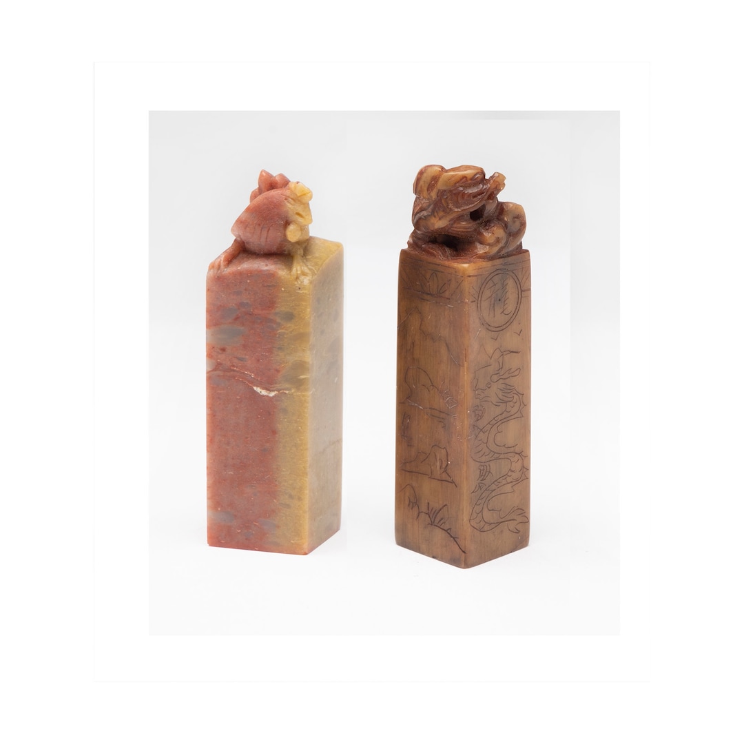 Vintage Chops Chinese Shoushan Chops DRAGON & ROOSTER Figures Chop Hand Carved Figure Fine ...