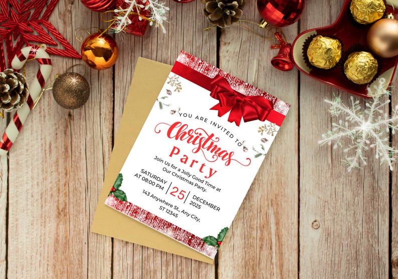 Editable Christmas Party Invitation, Red Bow, Holiday Gathering ...