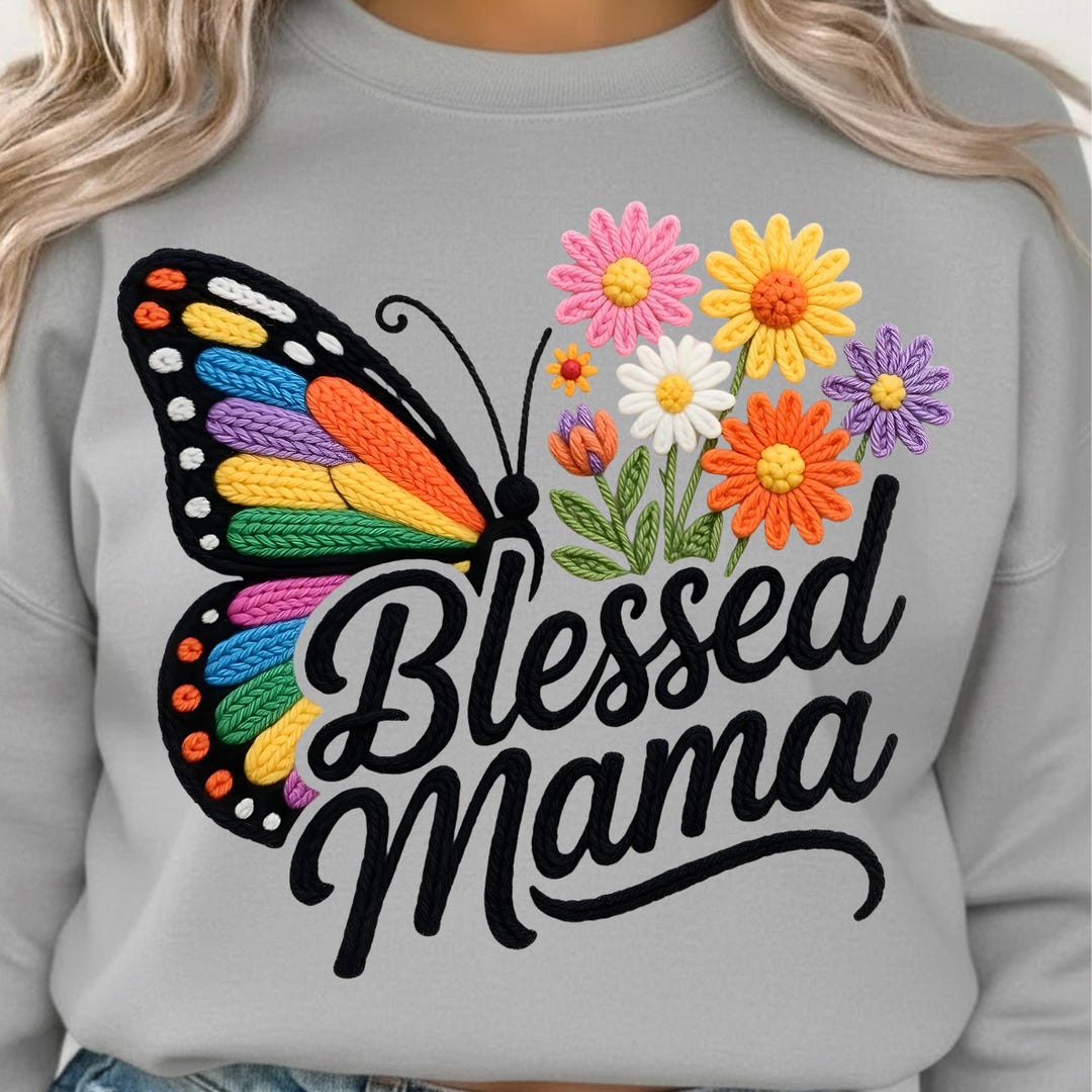 Blessed Mama Faux Yarn Crochet Png, Floral Mom Knitted Shirt Png, Retro ...