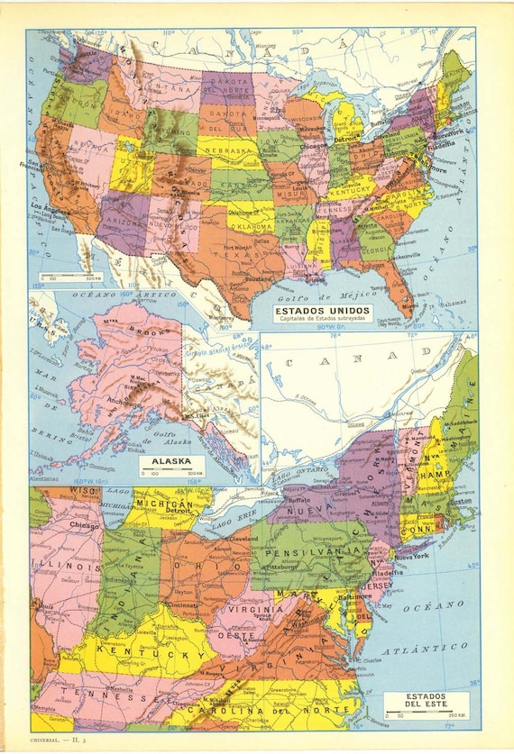 Items similar to United States Colorful Vintage Map 1950s Political ...