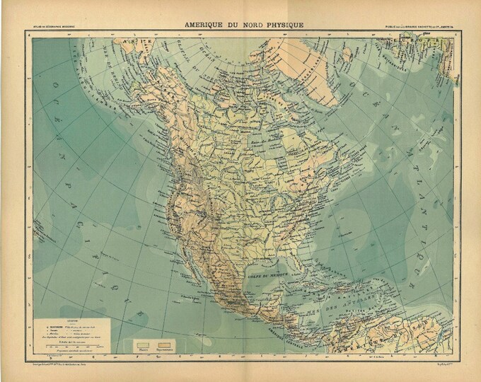 Vintage Map North America Physical 1899 Canada United States Mexico - Etsy
