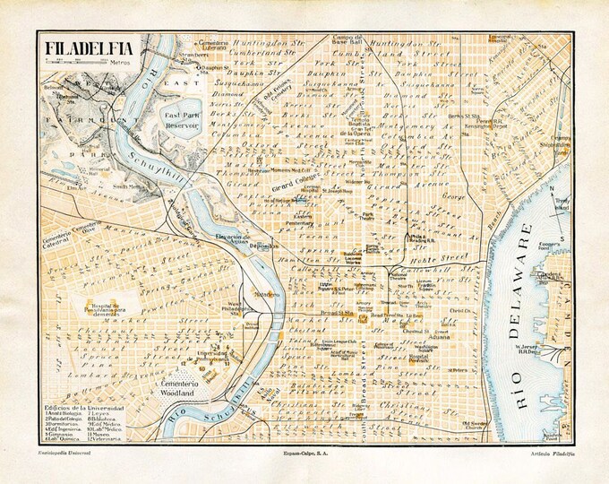 Original Vintage City Map Philadelphia Street Plan 1920s United States ...