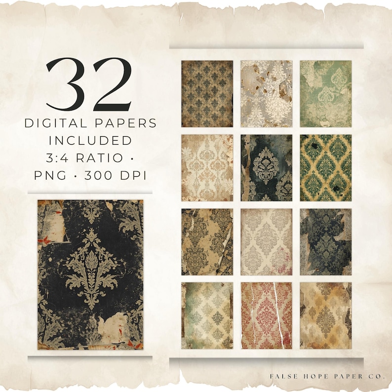 Vintage Damask Digital Paper Pack | Grunge Wallpaper Textures | Antique ...