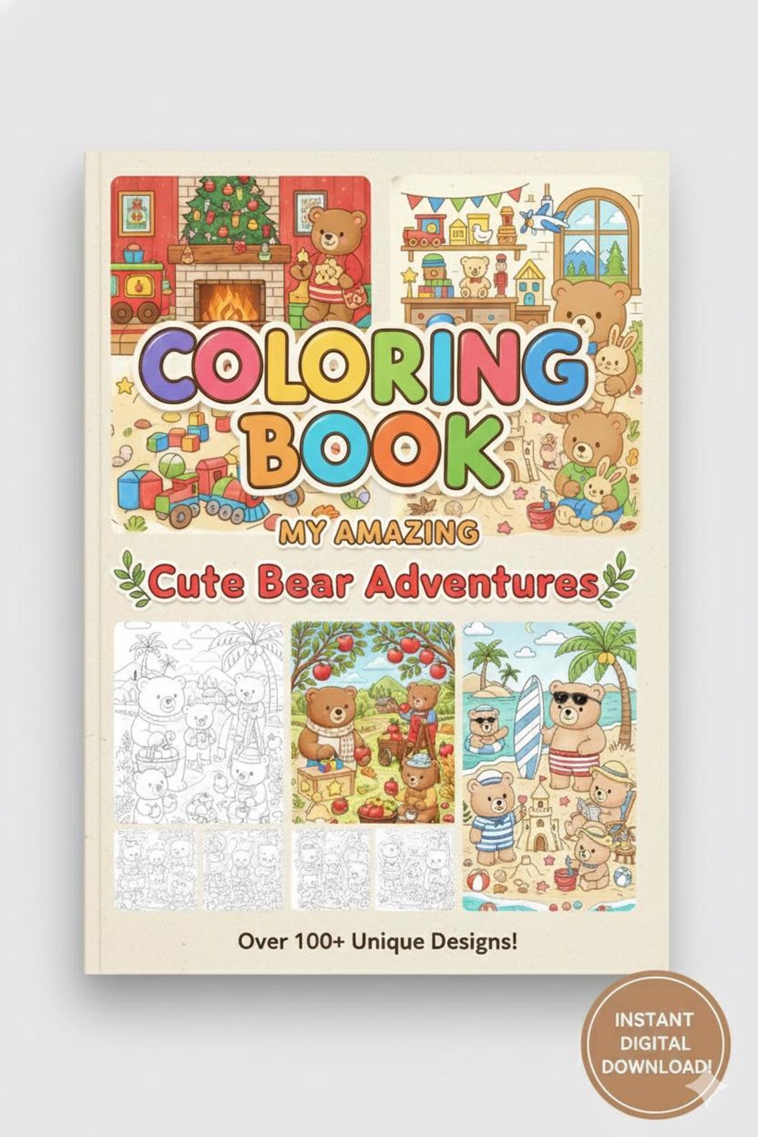 Cute Bear Coloring Book for Kids & Adults | 50 Printable Pages | Kawaii ...