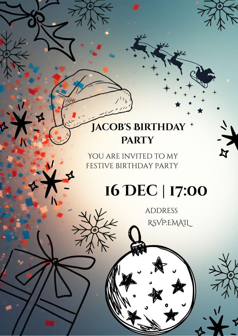 Christmas Birthday Invitation Template, Festive Holiday Party Invite ...