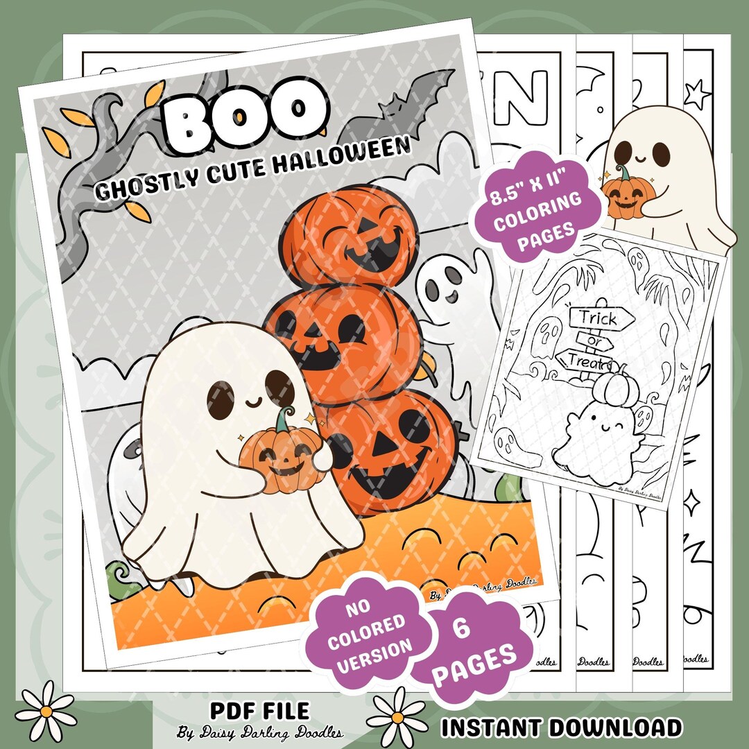 Ghost Boo Halloween Coloring Pages PDF - 6 Printable Instant Download ...