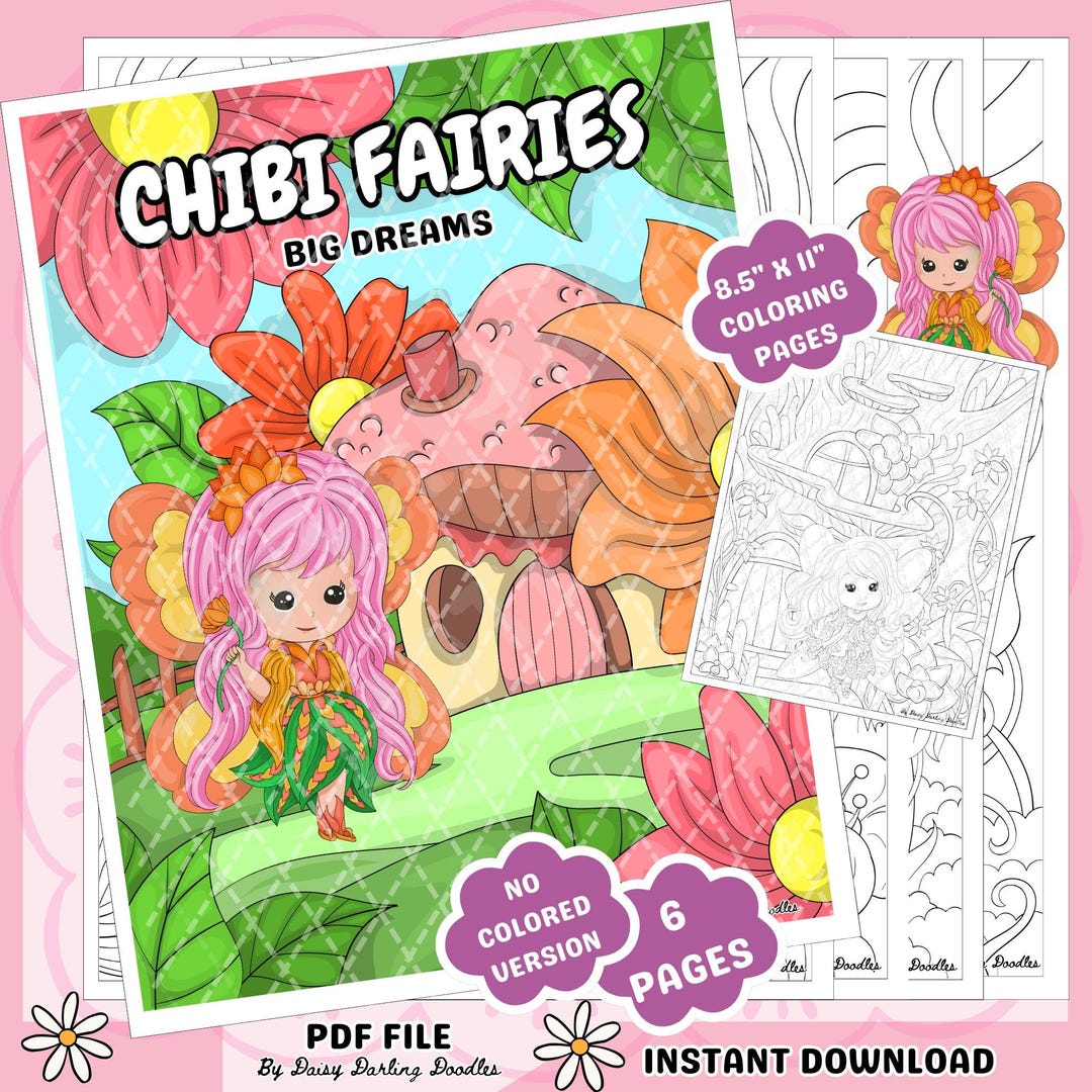 Whimsical Chibi Fairies Printable Coloring Pages, 6-page Printable (PDF ...