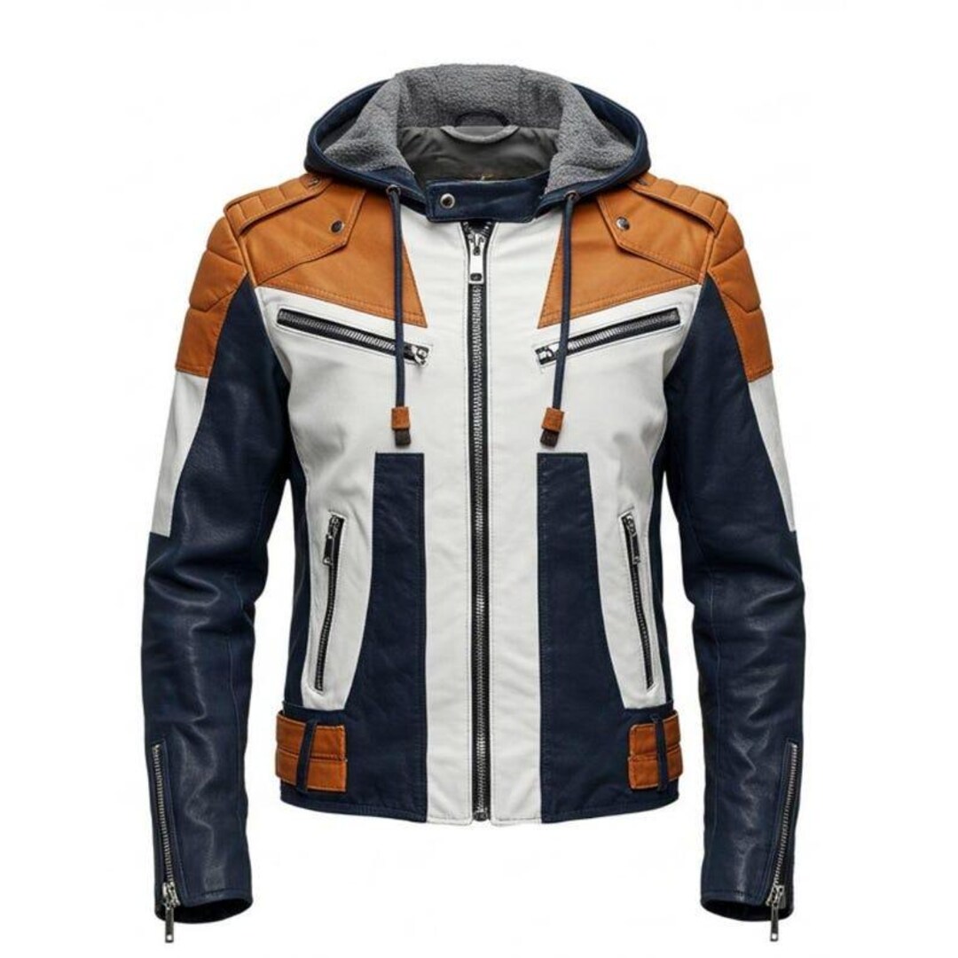 Men’s Colorblock Leather Jacket With Hood – Navy & Tan Streetwear Coat ...