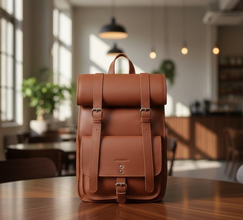 Leather Roll Top Backpack, Handmade Cognac Brown Tote Backpack, Valentine's Day Gift for Him - Etsy