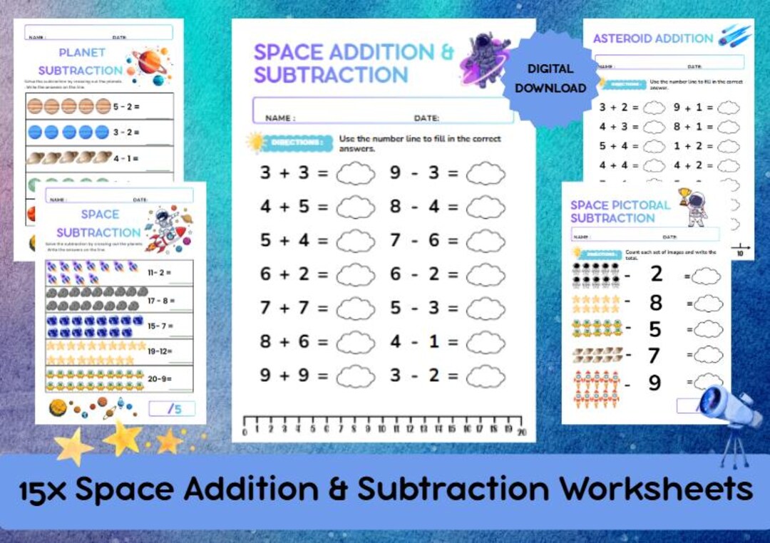Spectacular Space Addition & Subtraction Worksheets - Etsy