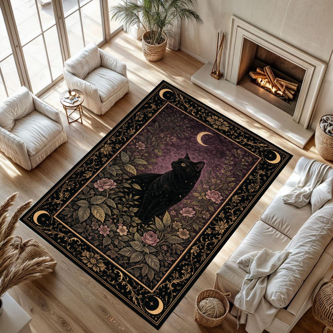 Gothic Black Cat Rug, Moon and Floral Night Design, Vintage Ornate ...