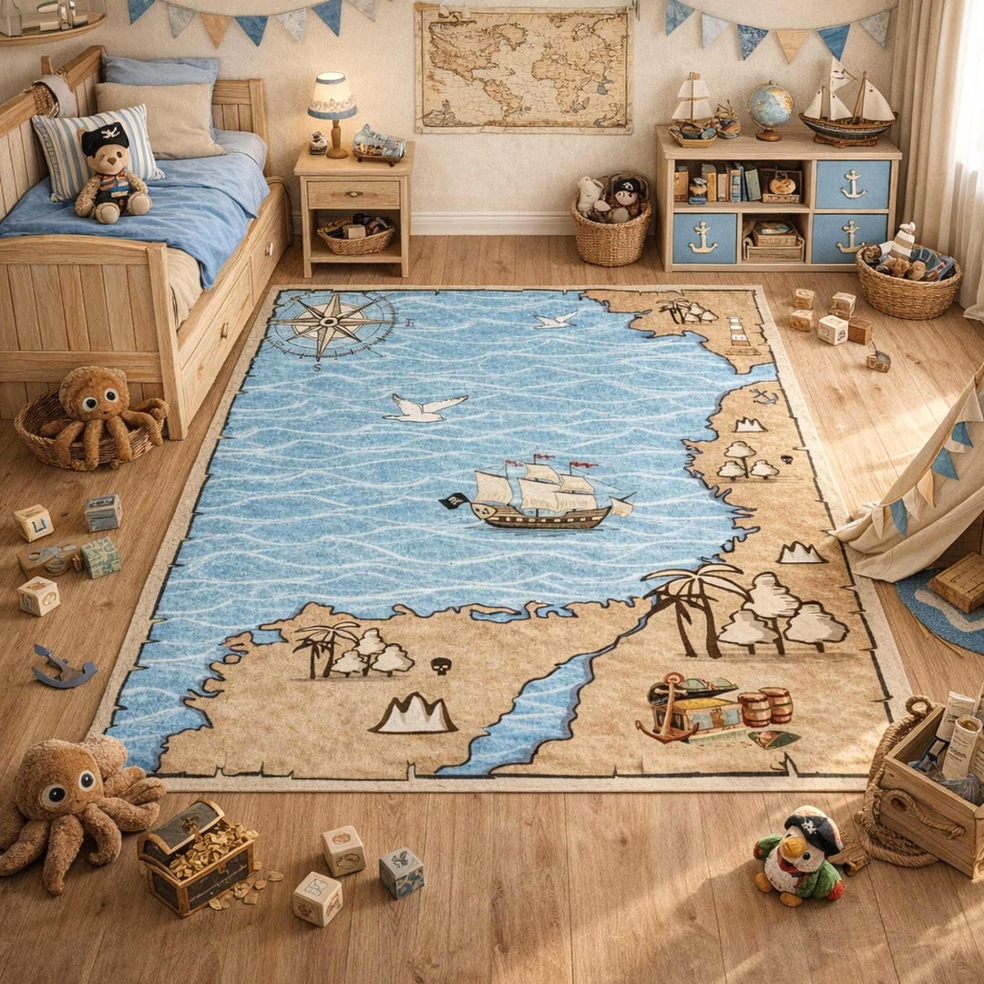Kids Pirate Map Area Rug, Adventure Ocean Island Design, Nautical ...