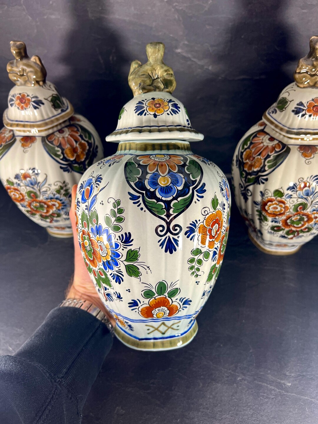 3 Vintage Delft Polychrome Lidded Vases Set - Hand-painted Floral ...