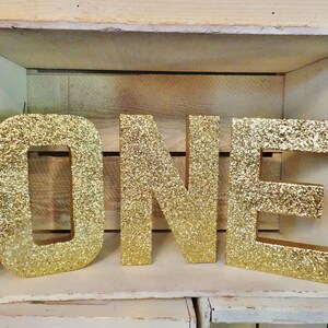 GOLD GLITTER ONE: 8 Inches Tall Photo Prop Set of 3 Stand up Letters ...