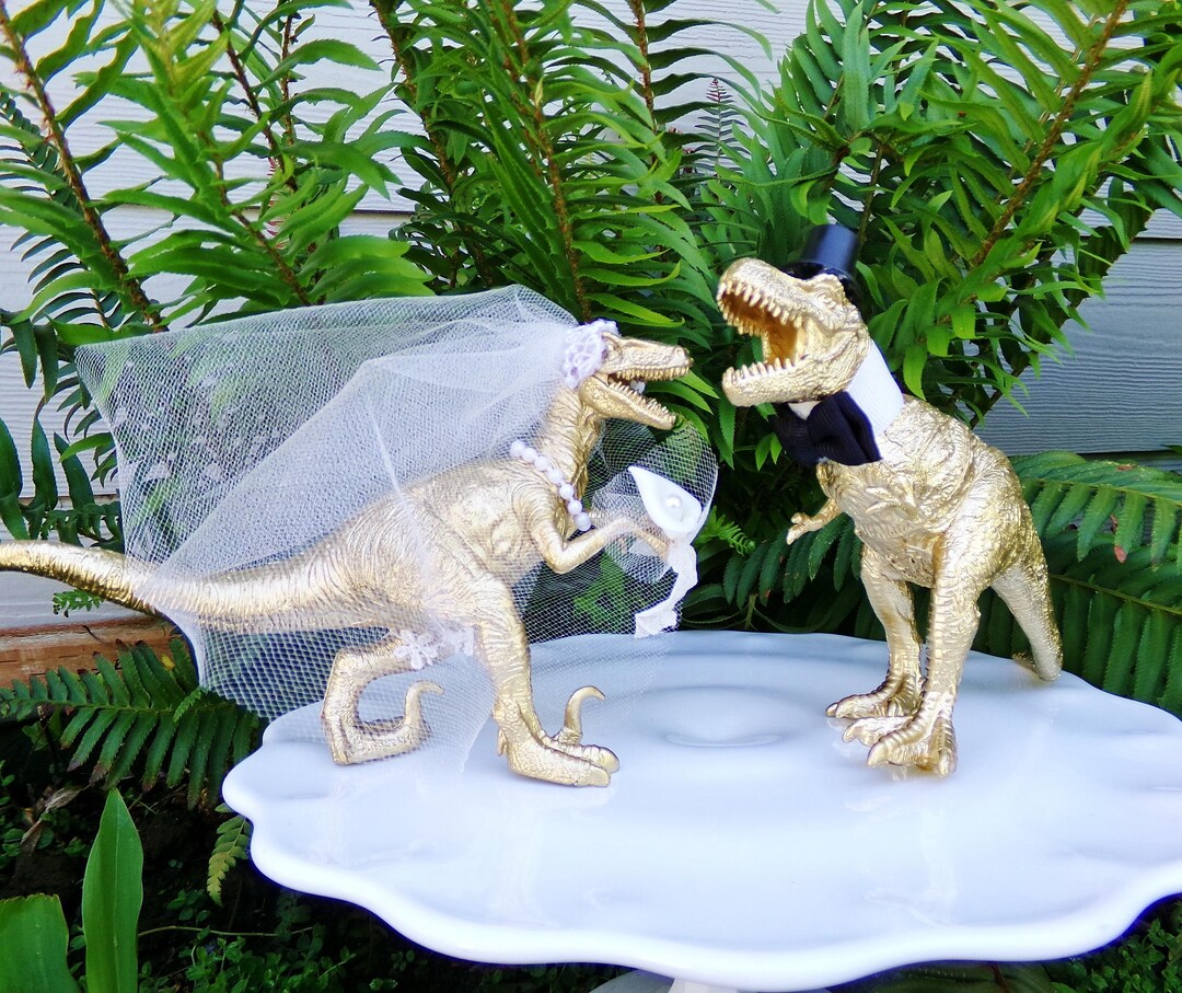 Dinosaur Wedding Cake Topper ~ Mr. & Mrs. Gold T Rex Couple, Hand ...
