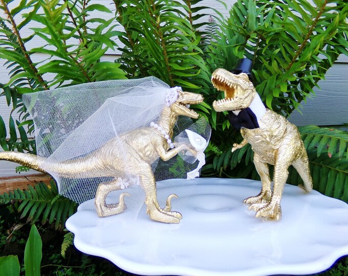 Dinosaur Wedding Cake Topper ~ Mr. & Mrs. Gold T Rex Couple, Hand ...