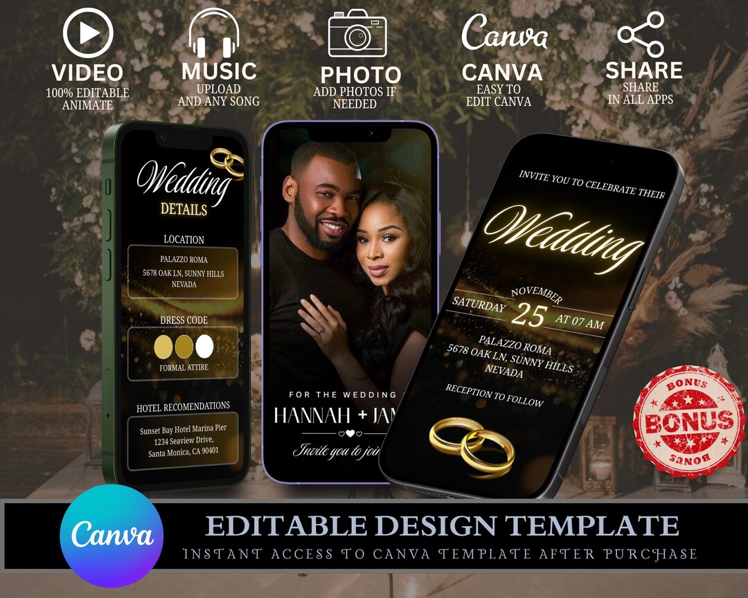 Wedding Invitation Digital Template: Animated Black Design - Editable ...