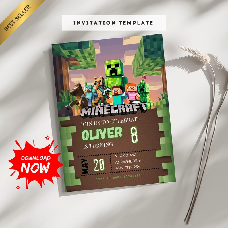 Minecraft Birthday Invitation, Personalized Kids Party Invite ...