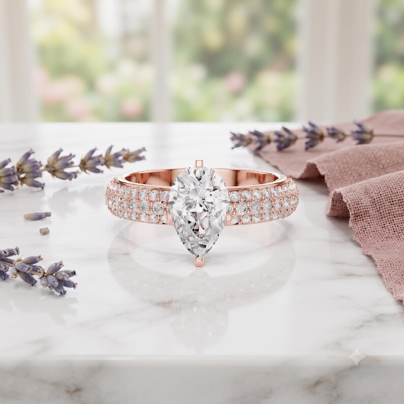 Pear Cut Lab Diamond Engagement Ring, 1.49 TCW VVS/VS Multi-row Pavé ...