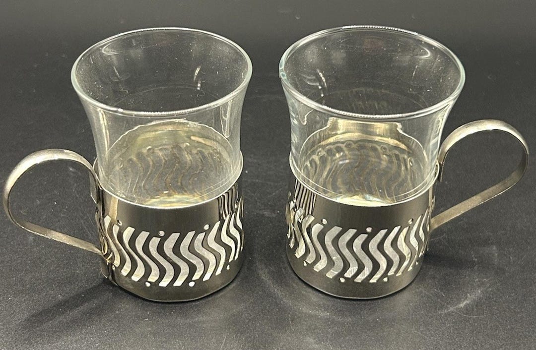 3"vintage Silverplate Espresso Cups Set of 2 Demitasse Glass Geometric ...