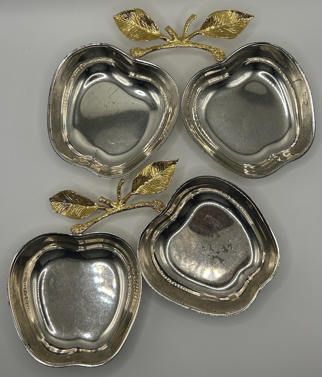 Vintage Silver Apple Dish With Gold Leaf Accents - Set of 2 - Etsy
