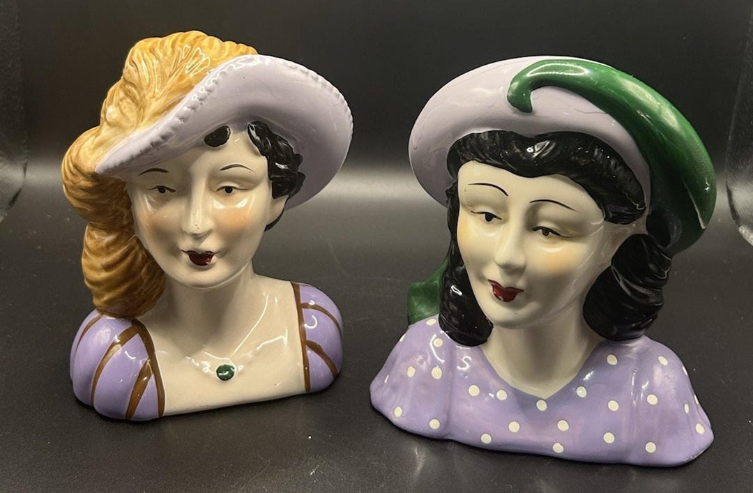 Vintage Lady Head Bust Figurines Ceramic Hat With Feather Decoration 5. ...