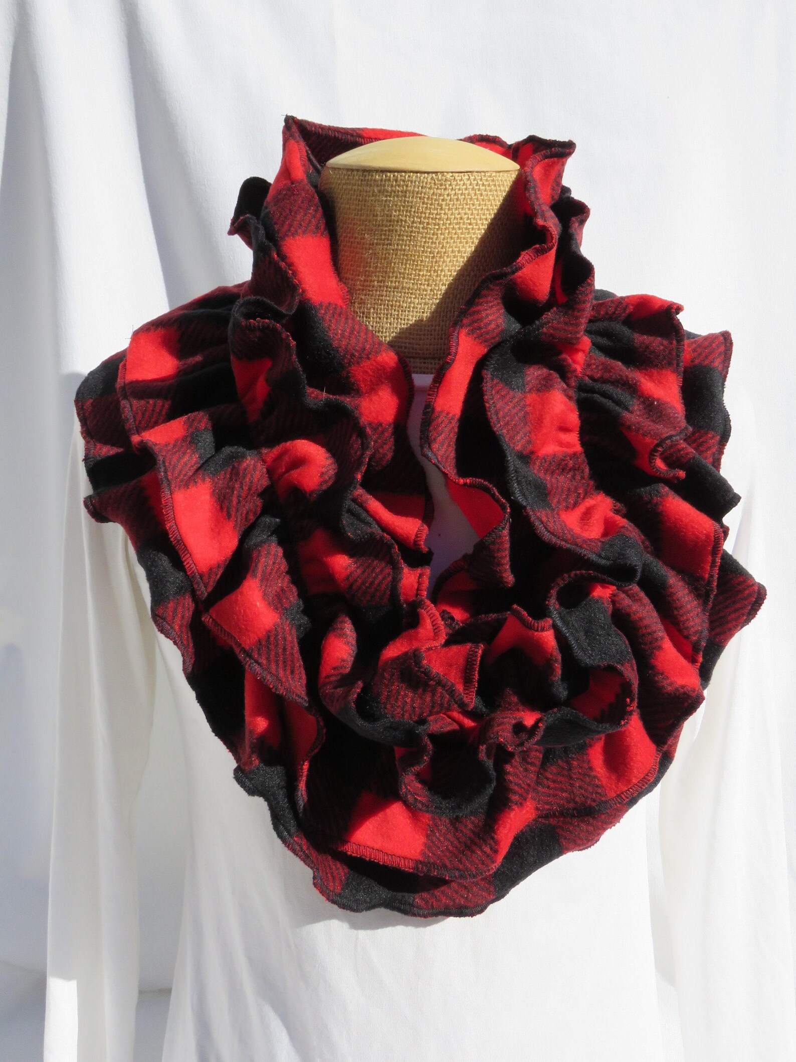 Fleece Buffalo Check Ruffle Infinity Scarf in Red and Black Lumberjack ...