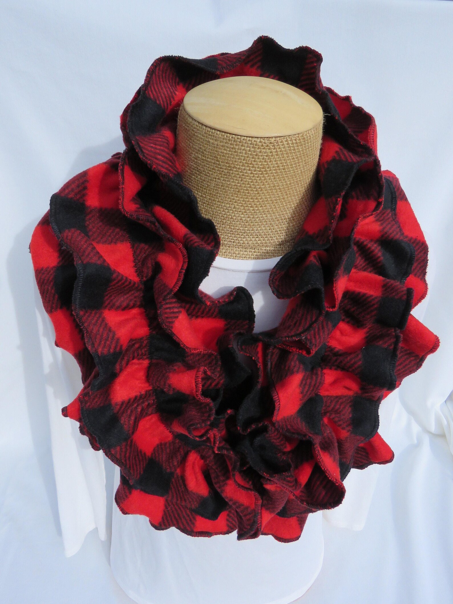 Fleece Buffalo Check Ruffle Infinity Scarf in Red and Black Lumberjack ...