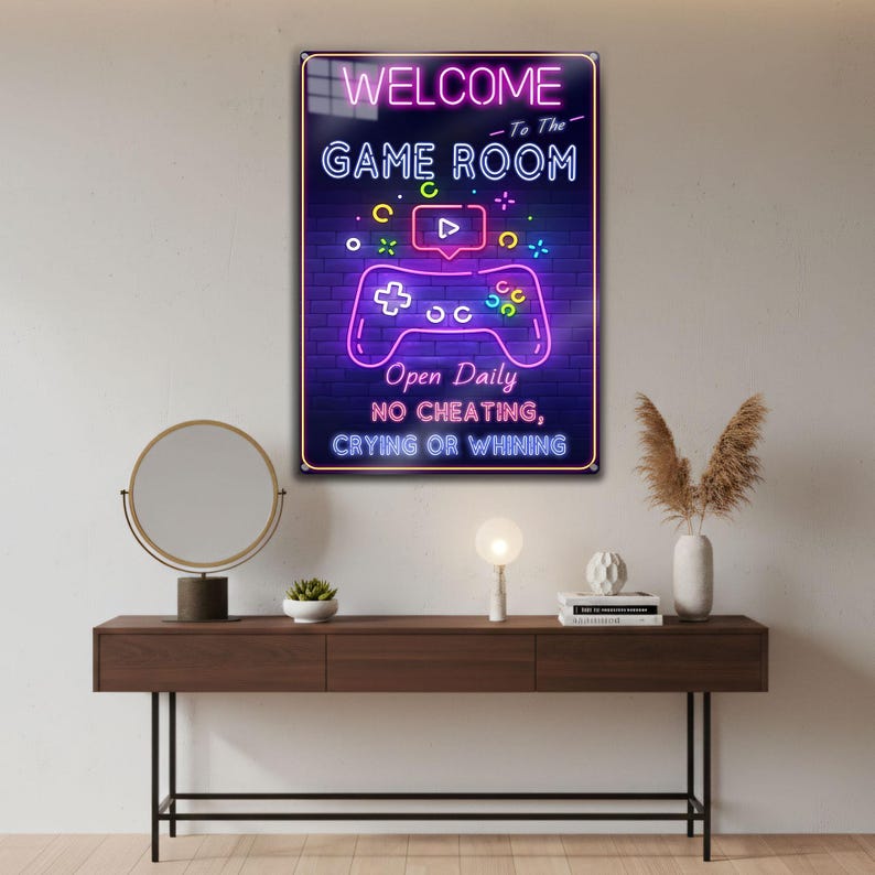 Game Room Welcome Sign, No Cheating Rules, Neon Style Metal Wall Art - Etsy