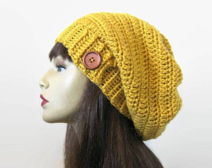 Slouchy Mustard Hat With Button Gold Crochet Hat Yellow Beanie Mustard ...