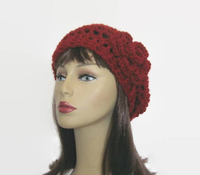 Maroon Slouch Beanie With Flower Maroon Hat Red Crochet Cap - Etsy
