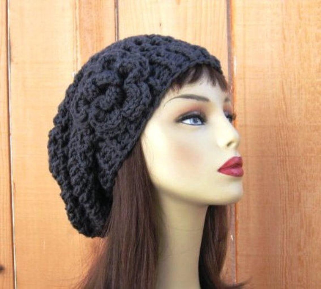 Gray Crochet Slouch Hat Dark Gray Knit Beanie With Flower Crochet Grey ...
