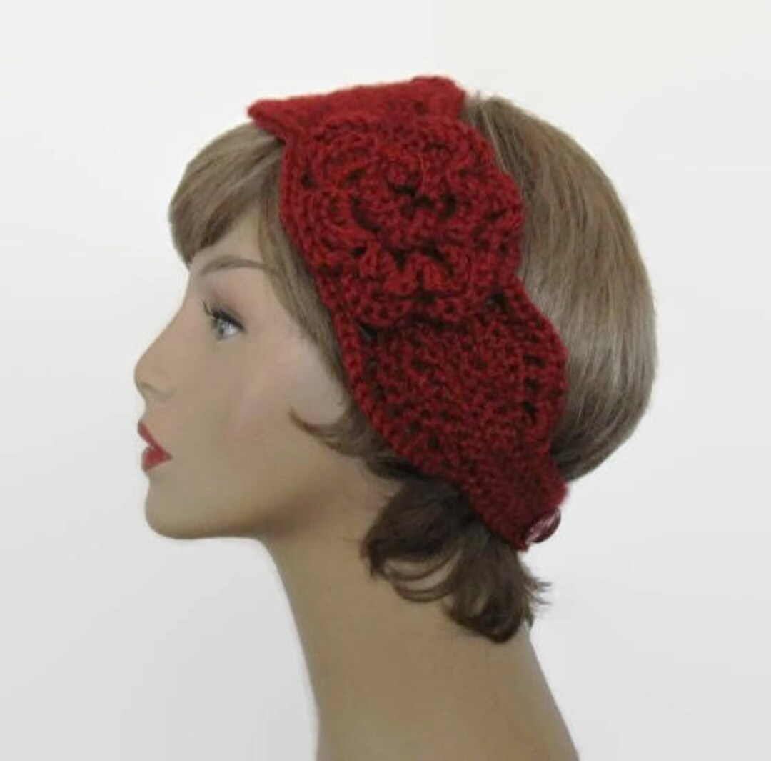 Maroon Crochet Headband With Flower Crimson Earwarmer Dark Red - Etsy