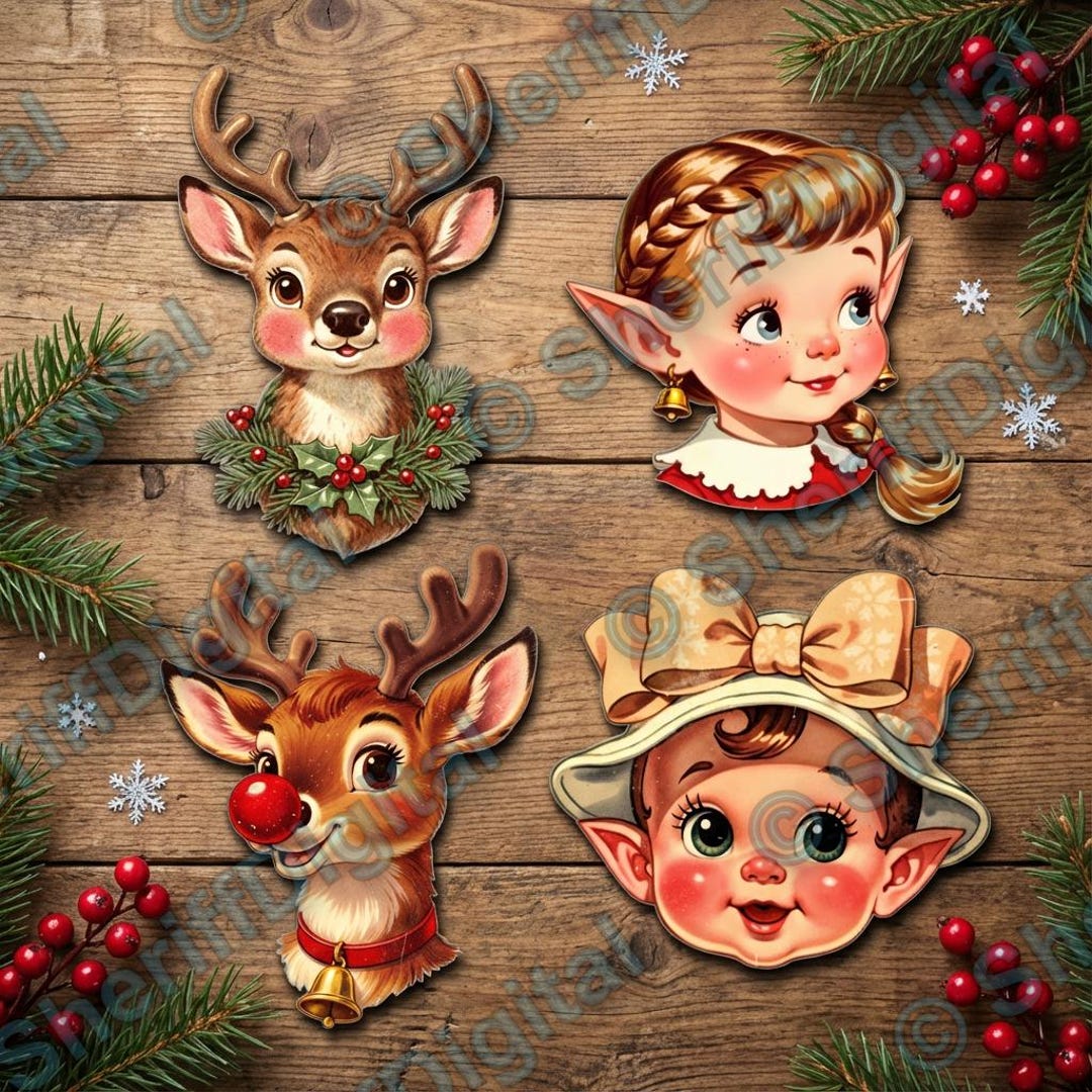 Vintage Elf & Reindeer Clipart • Retro Christmas PNG (digital Download ...
