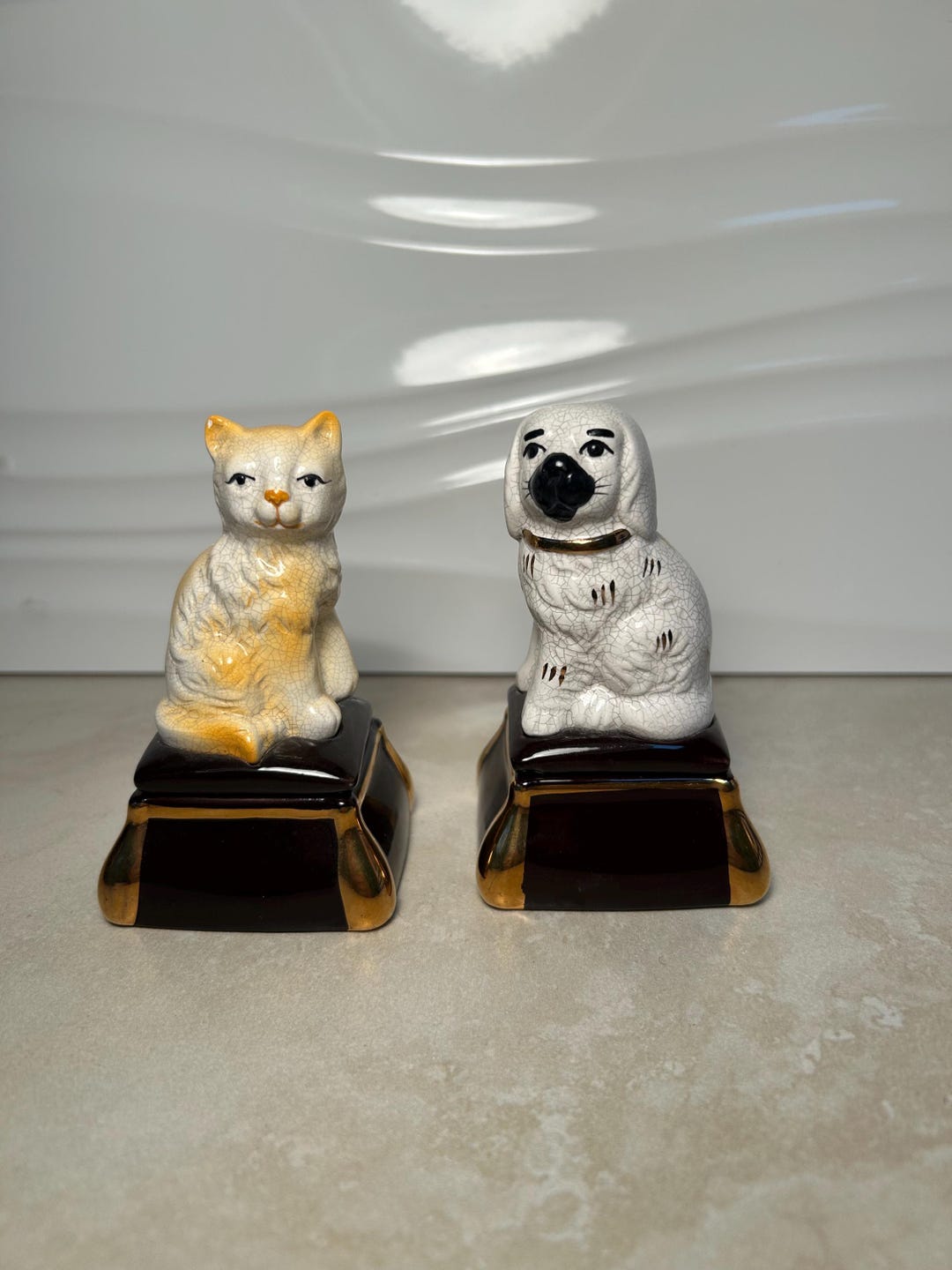 Matched Vintage Crackle Glaze Cat & Dog Trinket Box Set (c. 1940s–1960s ...