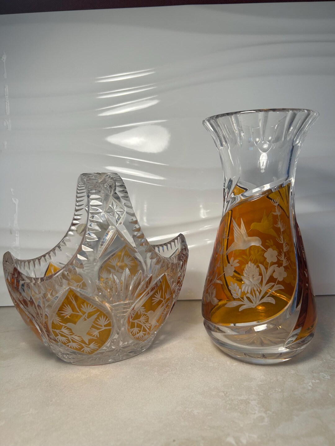 Vintage Julia Lead Crystal Hummingbird Basket & Vase | Amber Cut ...