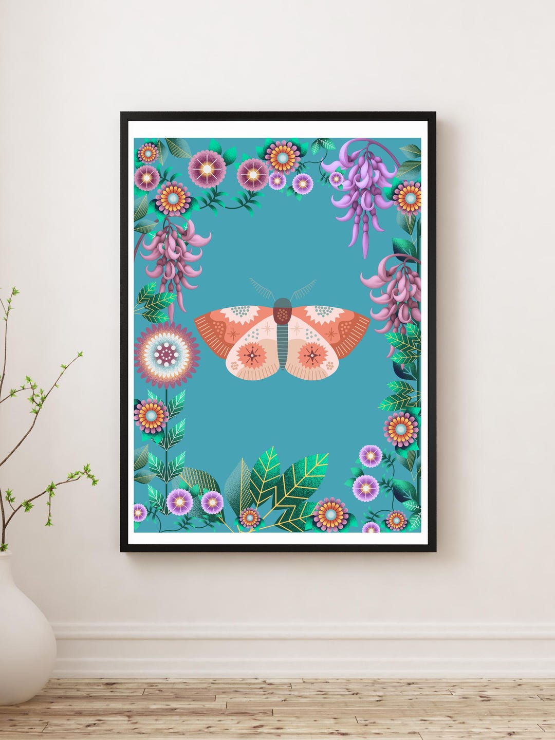 Whimsical Moth Floral Frame Art Print | Folk Botanical Insect ...