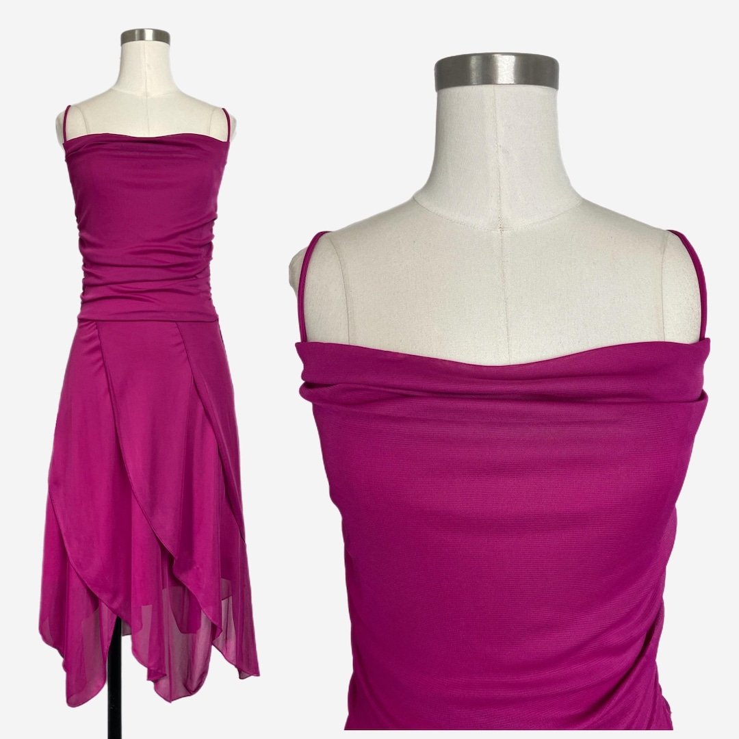 Vintage Y2K 90s Ruby Rox Pink Mesh Cowl Neck Tulip Hem Asymmetric Dress ...