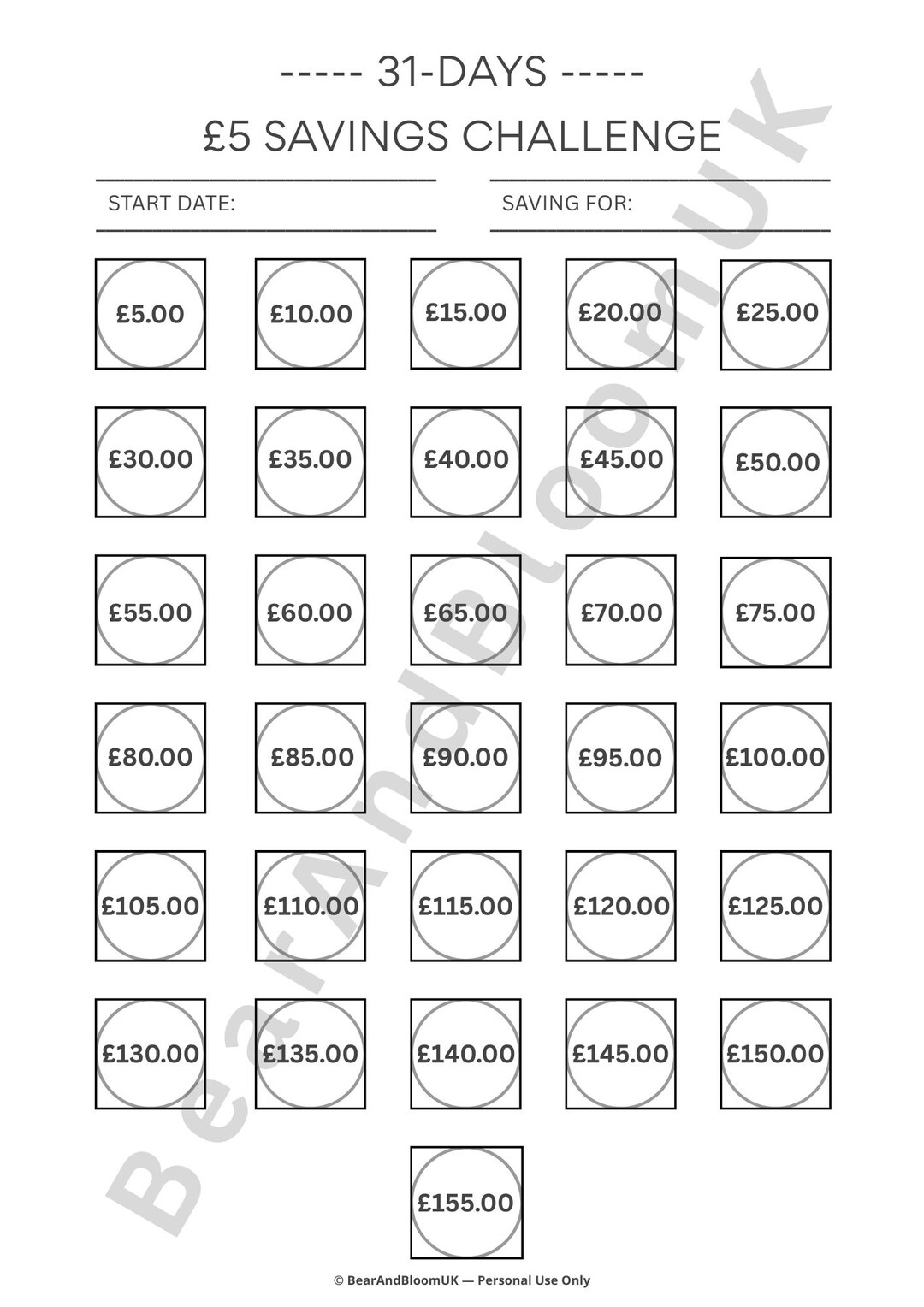 31 Day 5 Pound Savings Challenge - Printable Savings Tracker - Digital ...