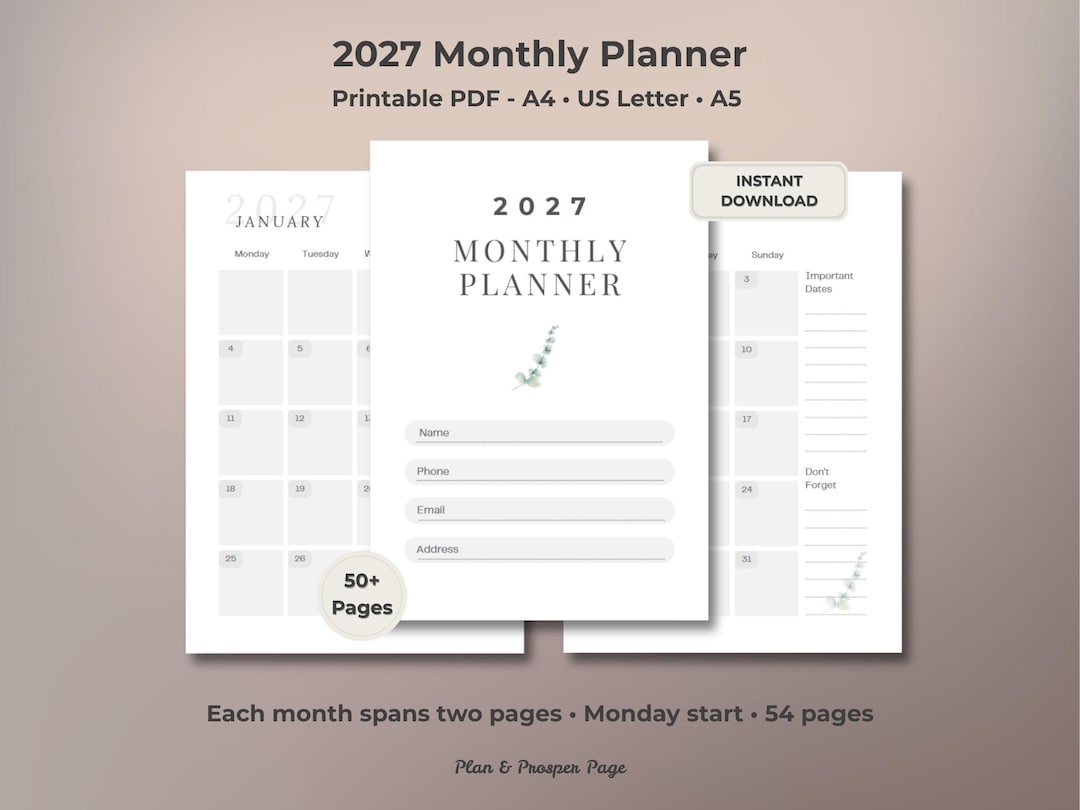 2027 Planner Printable | Monthly Planner PDF, Monday Start | Minimal ...